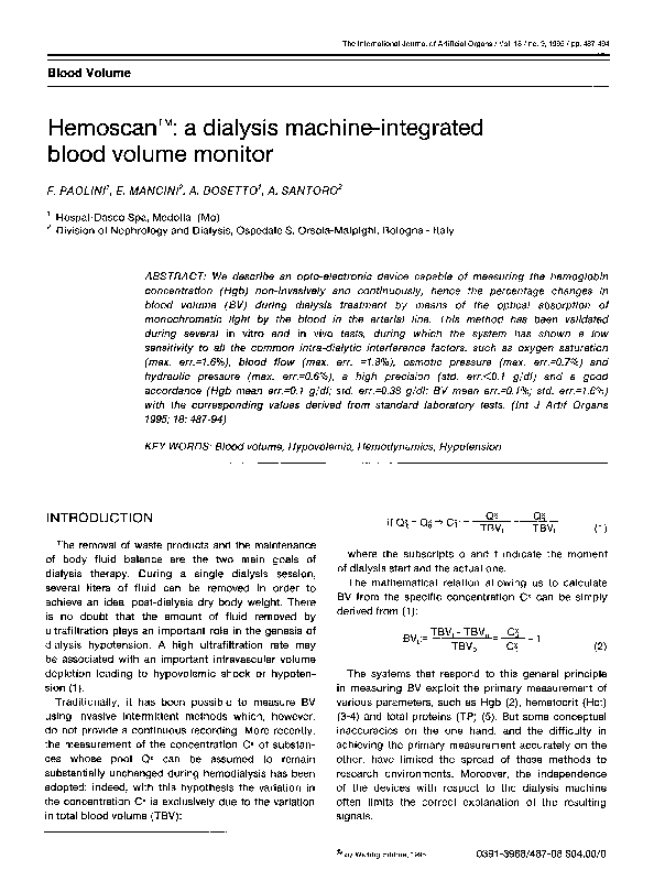 (PDF) Hemoscan™: A Dialysis Machine-Integrated Blood Volume Monitor