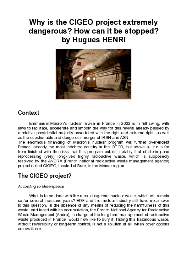 (PDF) Why is the CIGEO project extremely dangerous ? How can it be ...