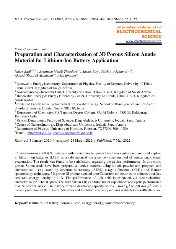 (PDF) Preparation and Characterization of 3D Porous Silicon Anode ...