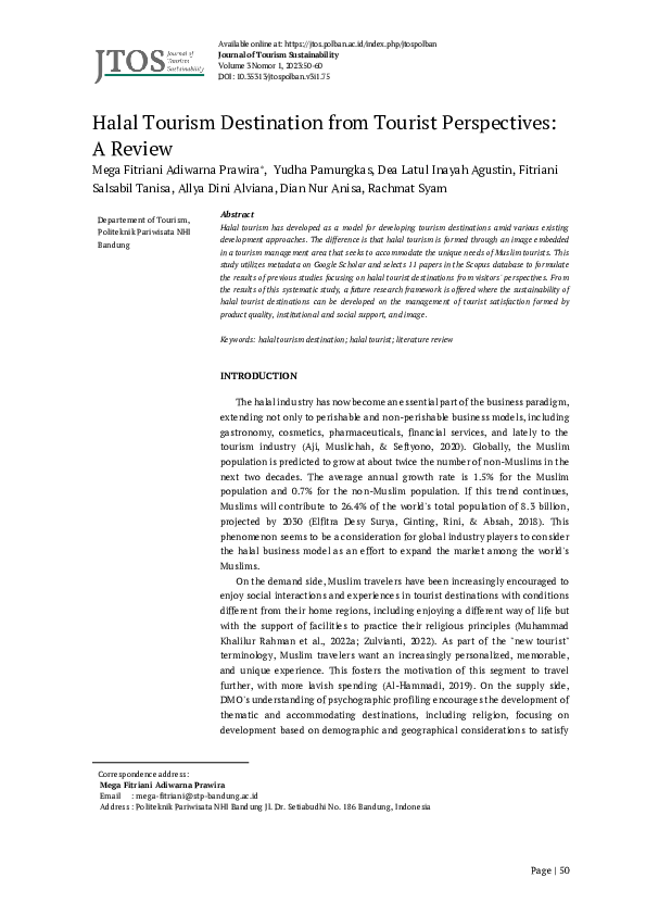 (PDF) Halal Tourism Destination from Tourist Perspectives: A Review