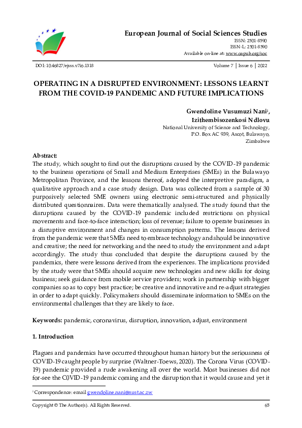 (PDF) Operating in a Disrupted Environment: Lessons Learnt from the ...