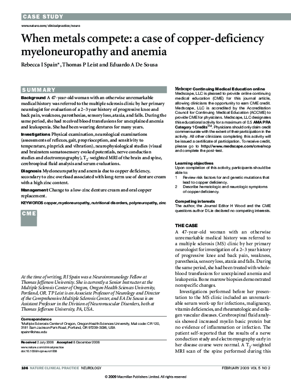 (PDF) When metals compete: a case of copper-deficiency myeloneuropathy ...