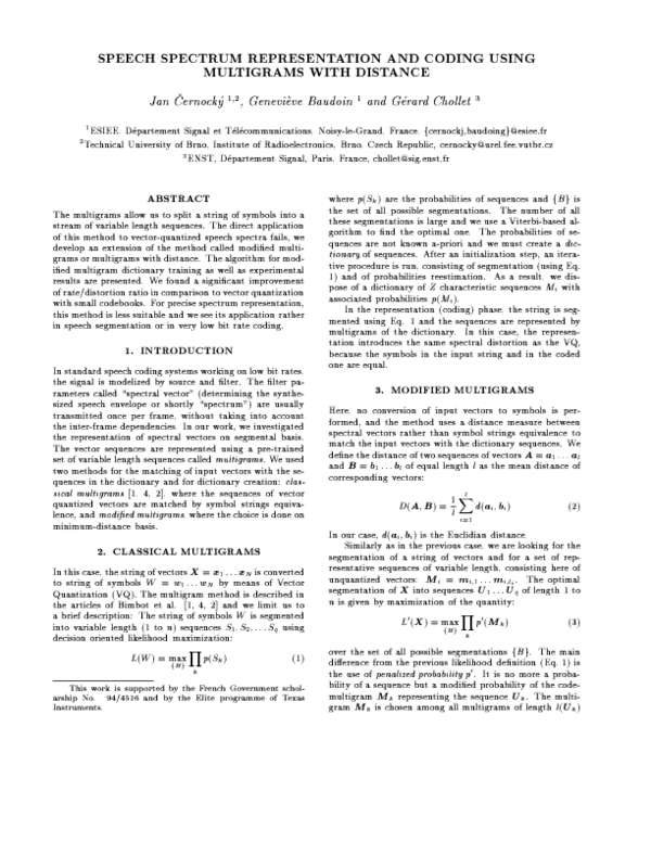 Pdf Speech Spectrum Representation And Coding Using Multigrams With Distance