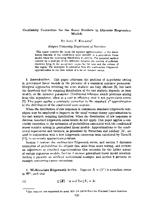 (PDF) Continuity correction for the score statistic in discrete regression models | John Kolassa ...