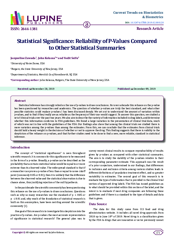 (PDF) Statistical Significance: Reliability of P-Values Comparedto Other Statistical Summaries