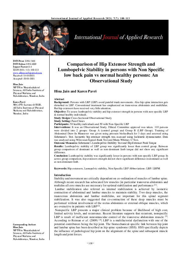 (PDF) Comparison of Hip Extensor Strength and Lumbopelvic Stability in ...