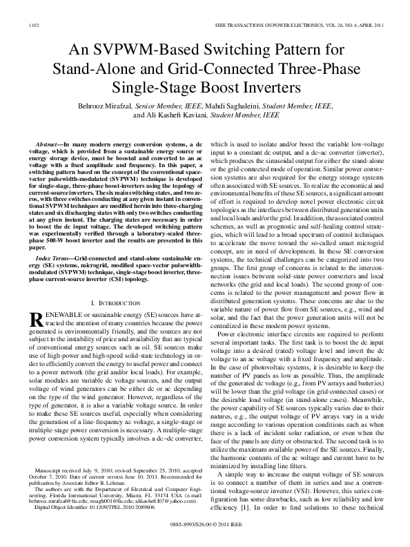 Pdf An Svpwm Based Switching Pattern For Stand Alone And Grid Connected Three Phase Single