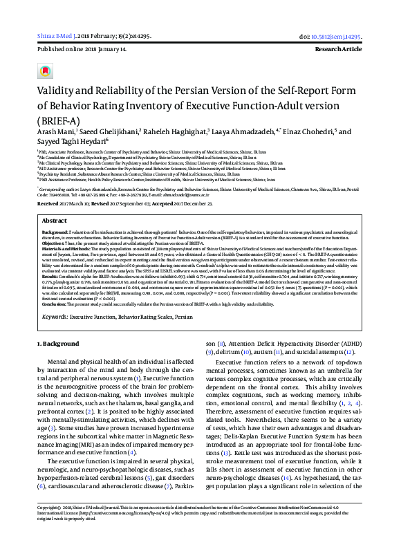 (PDF) Validity and Reliability of the Persian Version of the Self-Report Form of Behavior Rating ...