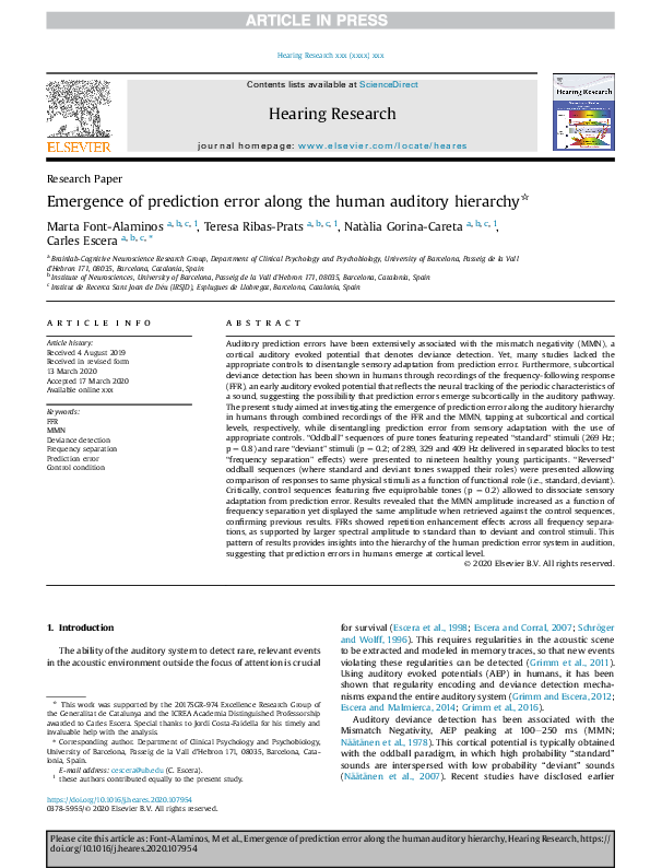 (PDF) Emergence of prediction error along the human auditory hierarchy