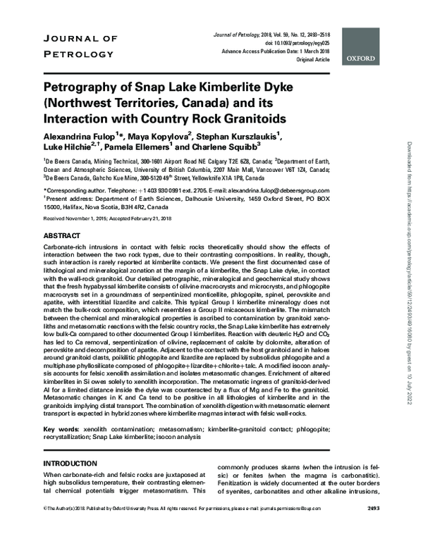 (PDF) Petrography of Snap Lake Kimberlite Dyke (Northwest Territories ...
