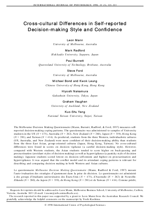 (PDF) Cross‐cultural Differences in Self‐reported Decision‐making Style ...