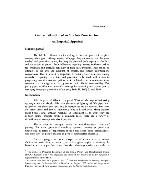 (PDF) On the Estimation of an Absolute Poverty Line: An Empirical Appraisal