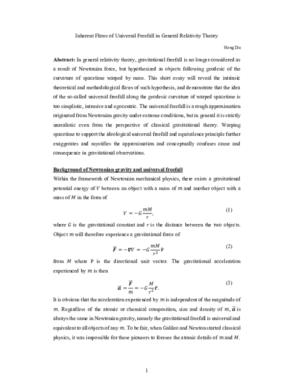 (PDF) Inherent Flaws of Universal Freefall in General Relativity Theory