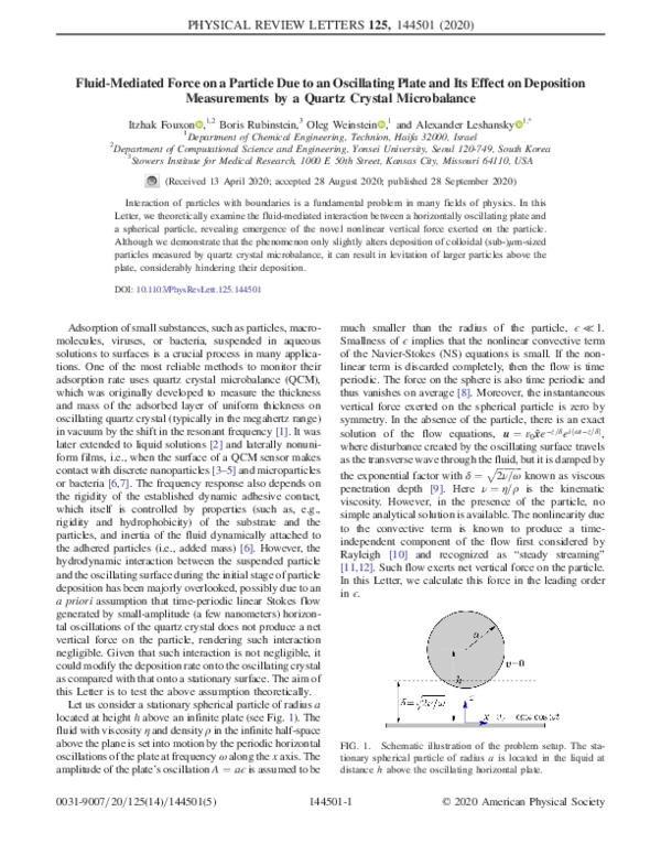 (PDF) Fluid-Mediated Force on a Particle Due to an Oscillating Plate ...