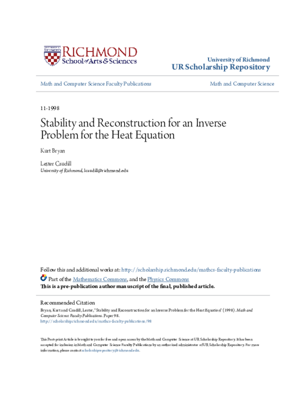 (PDF) Stability and reconstruction for an inverse problem for the heat equation