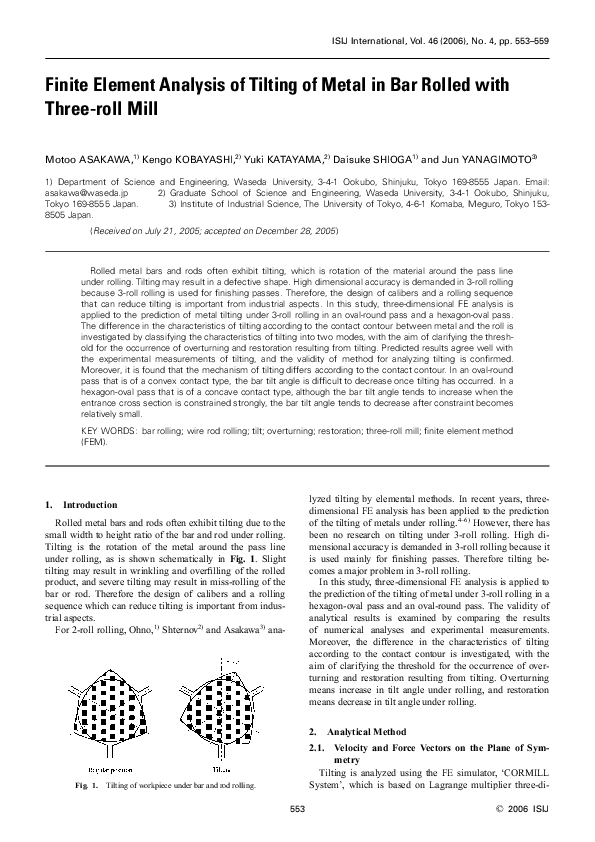 (PDF) Finite Element Analysis of Tilting of Metal in Bar Rolled with Three-roll Mill