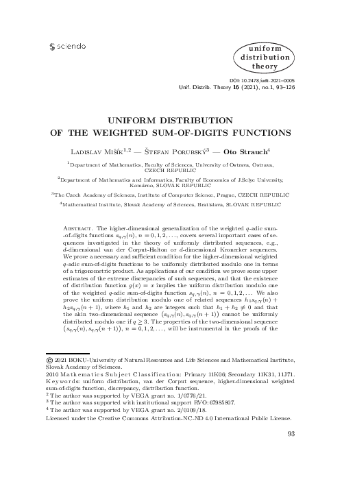 (PDF) Uniform Distribution of the Weighted Sum-of-Digits Functions
