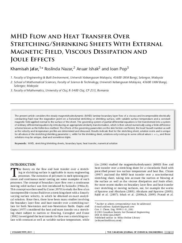 (PDF) MHD flow and heat transfer over stretching/shrinking sheets with external magnetic field ...