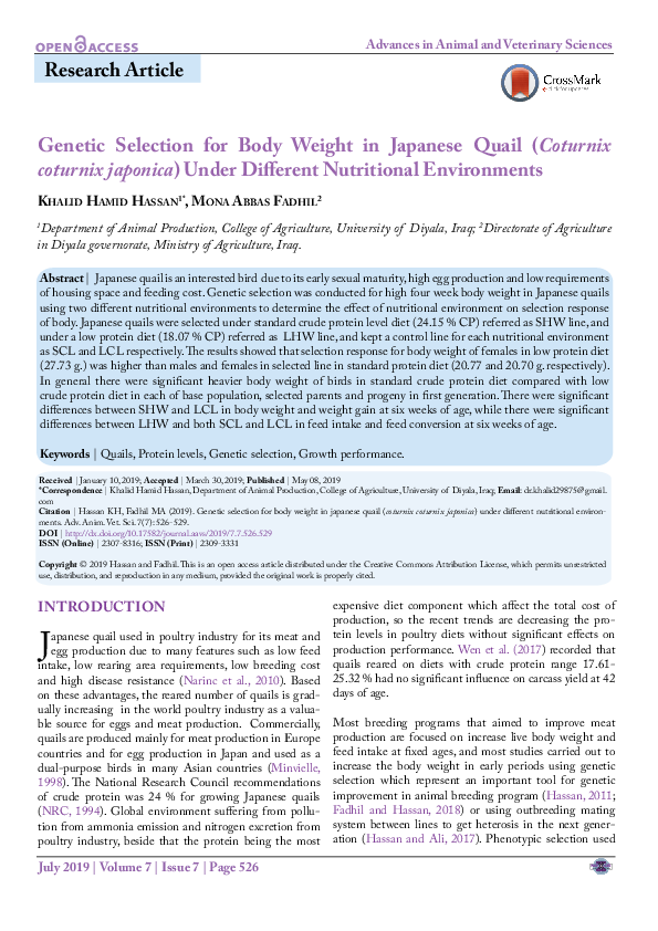 (PDF) Genetic Selection for Body Weight in Japanese Quail (Coturnix coturnix japonica) Under ...