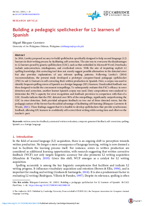 (PDF) Building a pedagogic spellchecker for L2 learners of Spanish