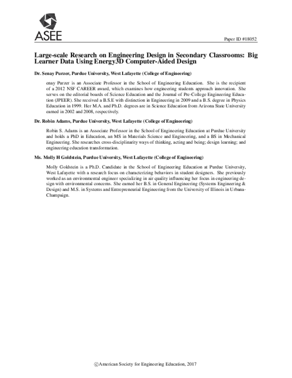 (PDF) Large-scale Research on Engineering Design in Secondary Classrooms: Big Learner Data Using ...