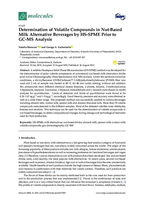 (PDF) Determination of Volatile Compounds in Nut-Based Milk Alternative Beverages by HS-SPME ...