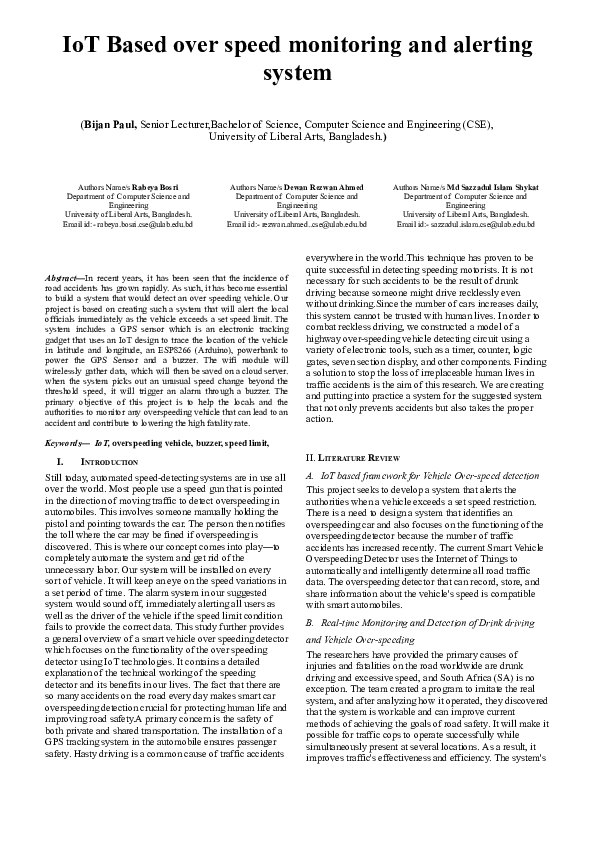 (PDF) IoT Based over speed monitoring and alerting system