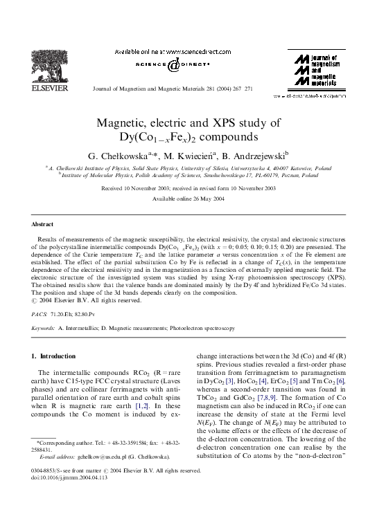 (PDF) Magnetic, electric and XPS study of Dy(Co1−xFex)2 compounds
