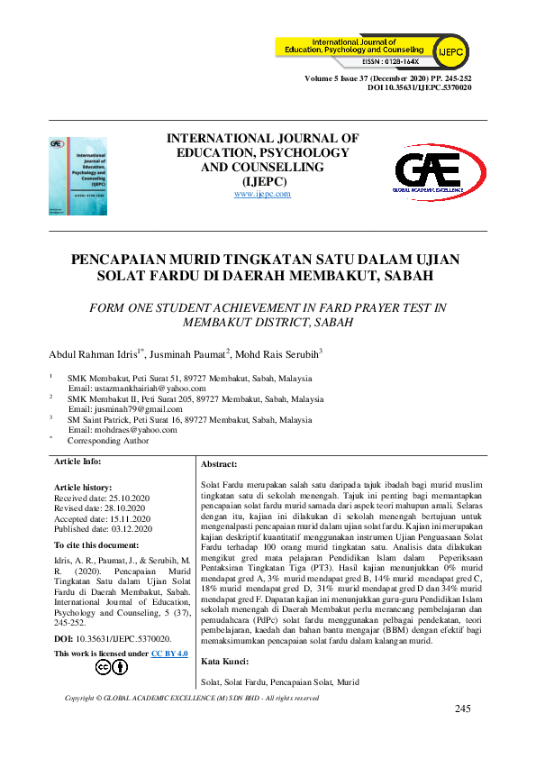 (PDF) Form One Student Achievement in Fard Prayer Test in Membakut ...