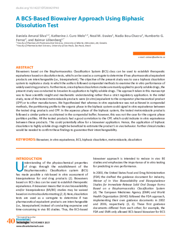 (PDF) A BCS-Based Biowaiver Approach Using Biphasic Dissolution Test