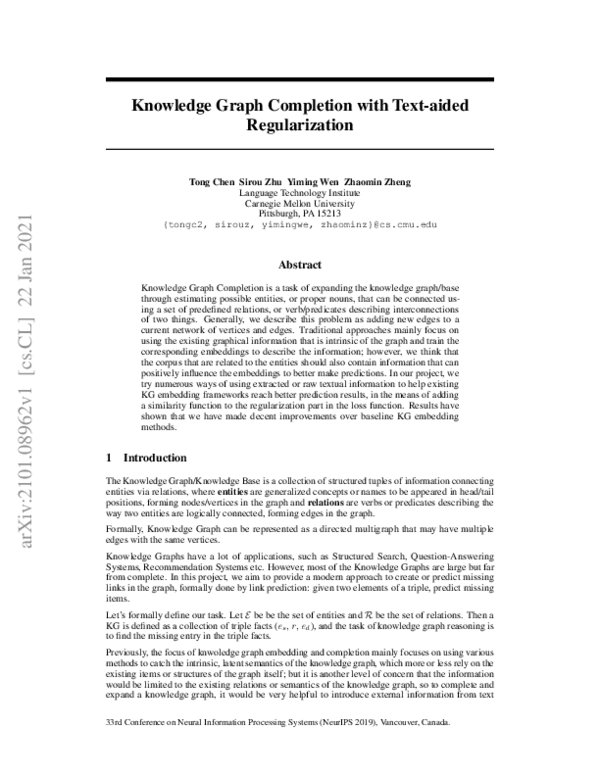 (PDF) Knowledge Graph Completion with Text-aided Regularization | Sirou ZHU - Academia.edu