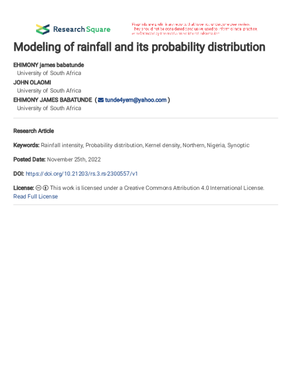 (PDF) Modeling of rainfall and its probability distribution