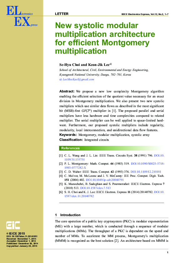 Pdf New Systolic Modular Multiplication Architecture For Efficient Montgomery Multiplication