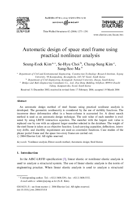 (PDF) Automatic design of space steel frame using practical nonlinear analysis | Se-hyu Choi ...