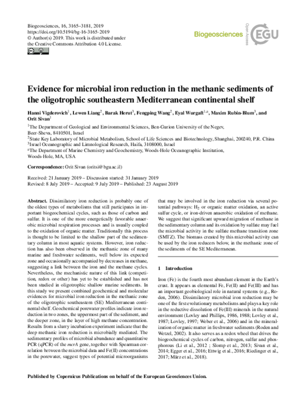 (PDF) Evidence for microbial iron reduction in the methanic sediments ...