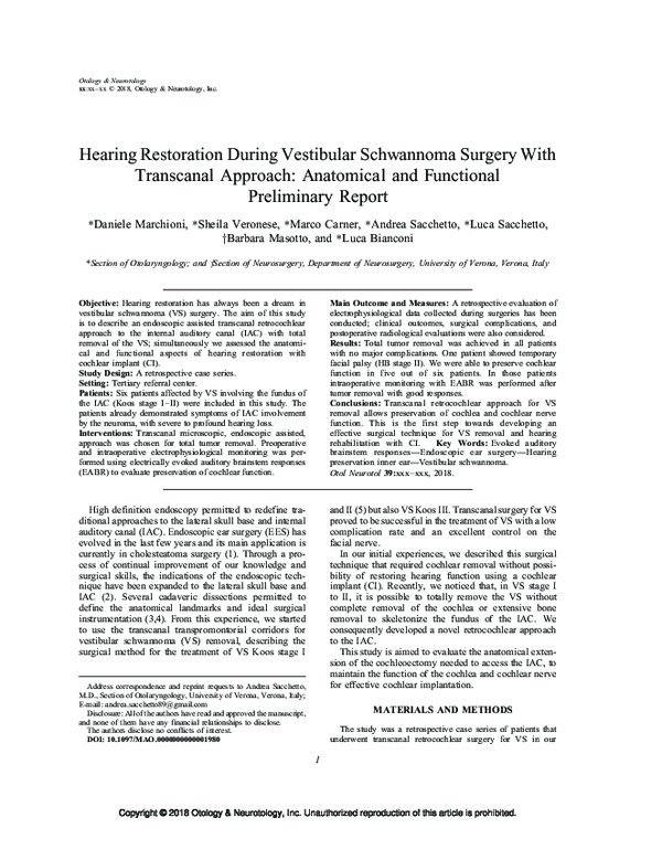 (PDF) Hearing Restoration During Vestibular Schwannoma Surgery With ...