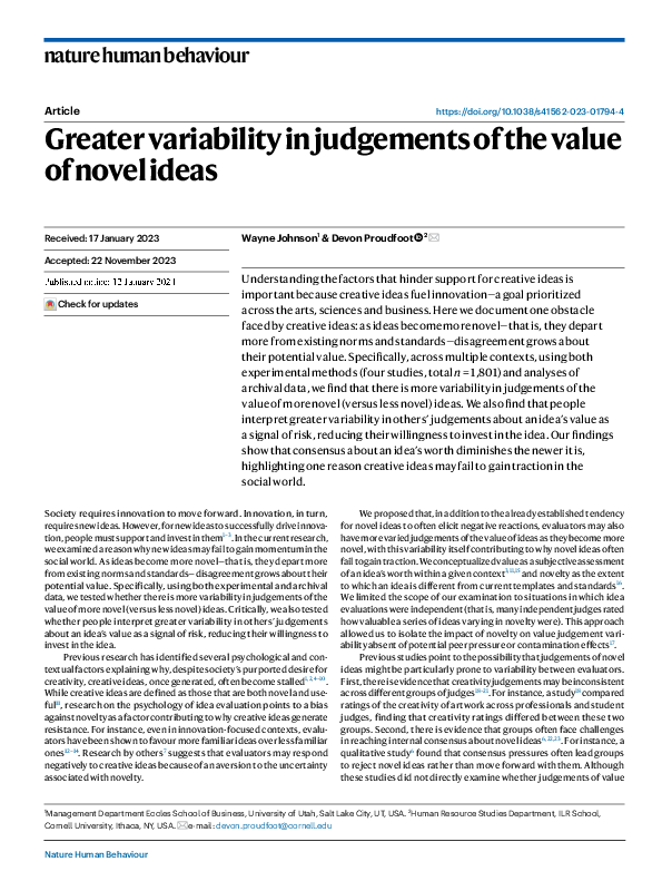(PDF) Greater variability in judgements of the value of novel ideas