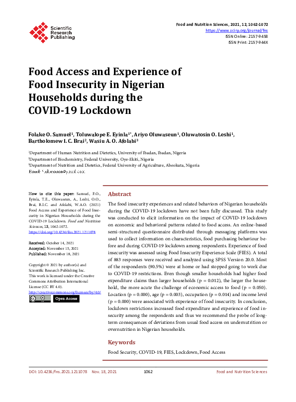 (PDF) Food Access and Experience of Food Insecurity in Nigerian ...