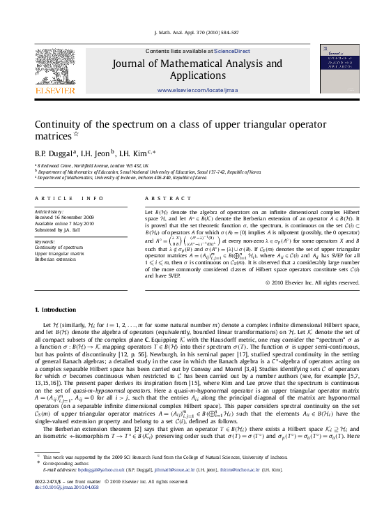 Pdf Continuity Of The Spectrum On A Class Of Upper Triangular Operator Matrices