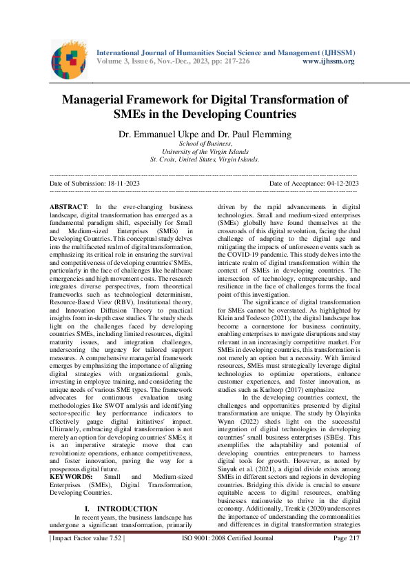 (PDF) Managerial Framework for Digital Transformation of SMEs in the Developing Countries
