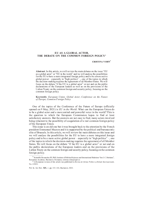 (PDF) EU AS A GLOBAL ACTOR. THE DEBATE ON THE COMMON FOREIGN POLICY 1