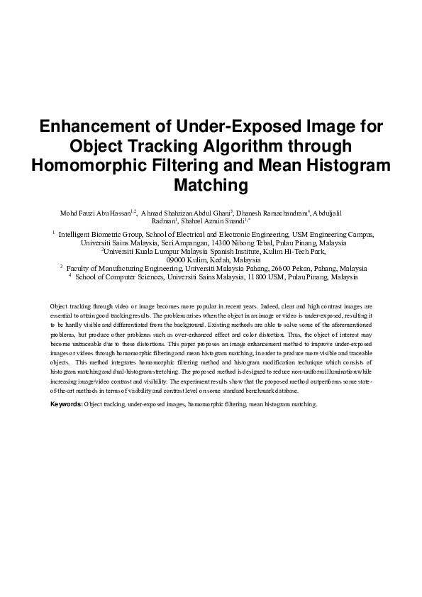 Pdf Enhancement Of Under Exposed Image For Object Tracking Algorithm