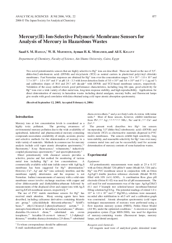 (PDF) Mercury(II) Ion-Selective Polymeric Membrane Sensors for Analysis of Mercury in Hazardous ...