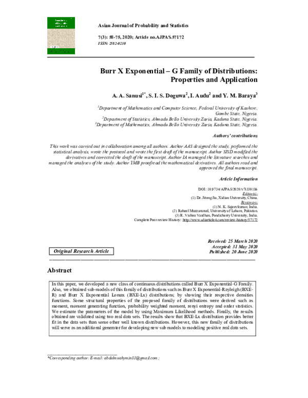 (PDF) Burr X Exponential – G Family of Distributions: Properties and Application