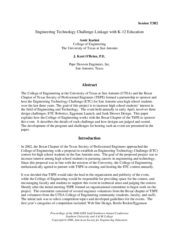 (PDF) Engineering Technology Challenge-Linkage with K-12 Education