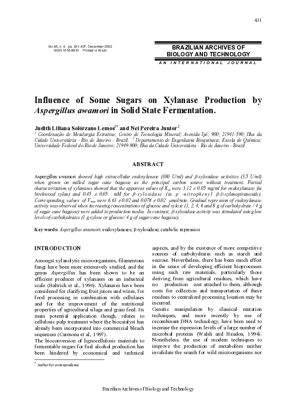 (PDF) Influence of some sugars on xylanase production by Aspergillus awamori in solid state ...