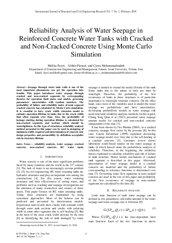 (PDF) Reliability Analysis of Water Seepage in Reinforced Concrete Water Tanks with Cracked and ...