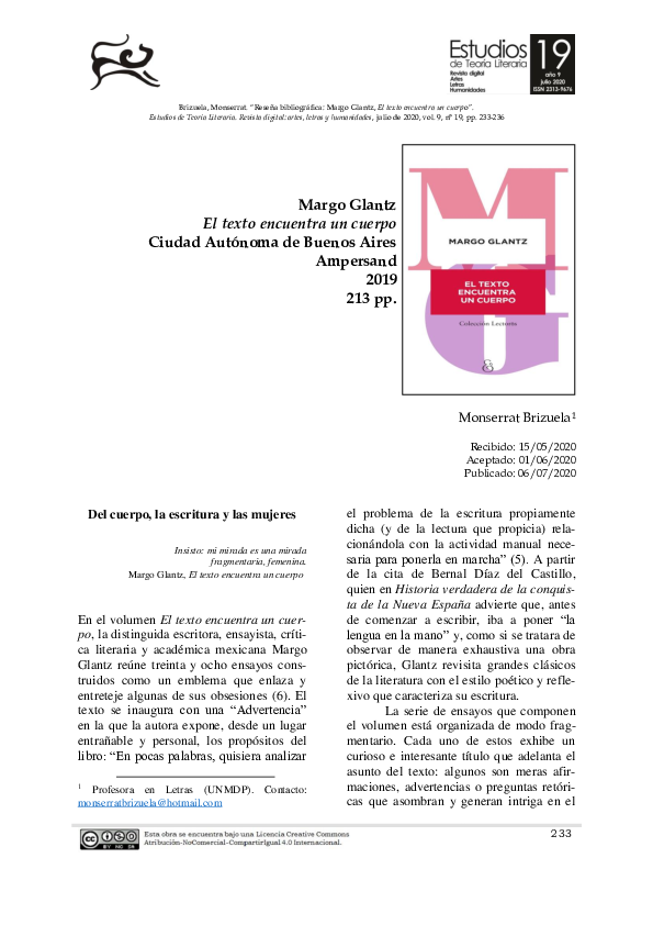 (PDF) Margo Glantz, El texto encuentra un cuerpo