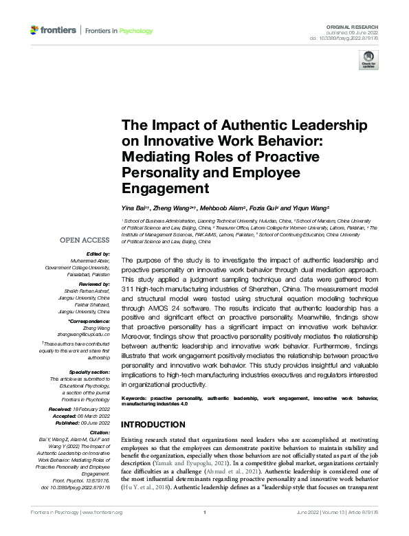 (PDF) The Impact of Authentic Leadership on Innovative Work Behavior: Mediating Roles of ...