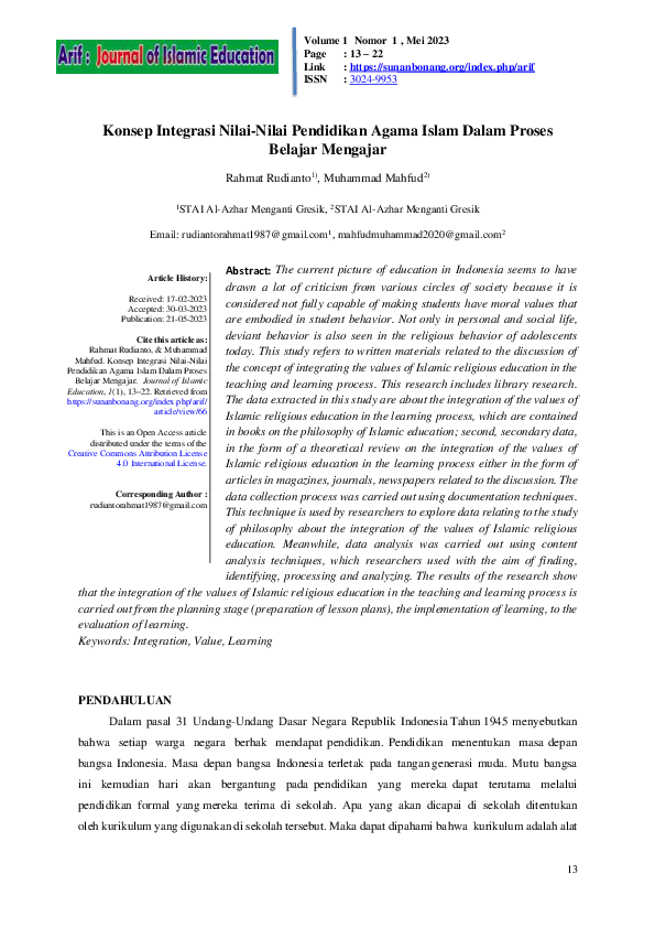 (PDF) Konsep Integrasi Nilai-Nilai Pendidikan Agama Islam Dalam Proses ... (PDF) Konsep Integrasi Nilai-Nilai Pendidikan Agama Islam Dalam Proses ...